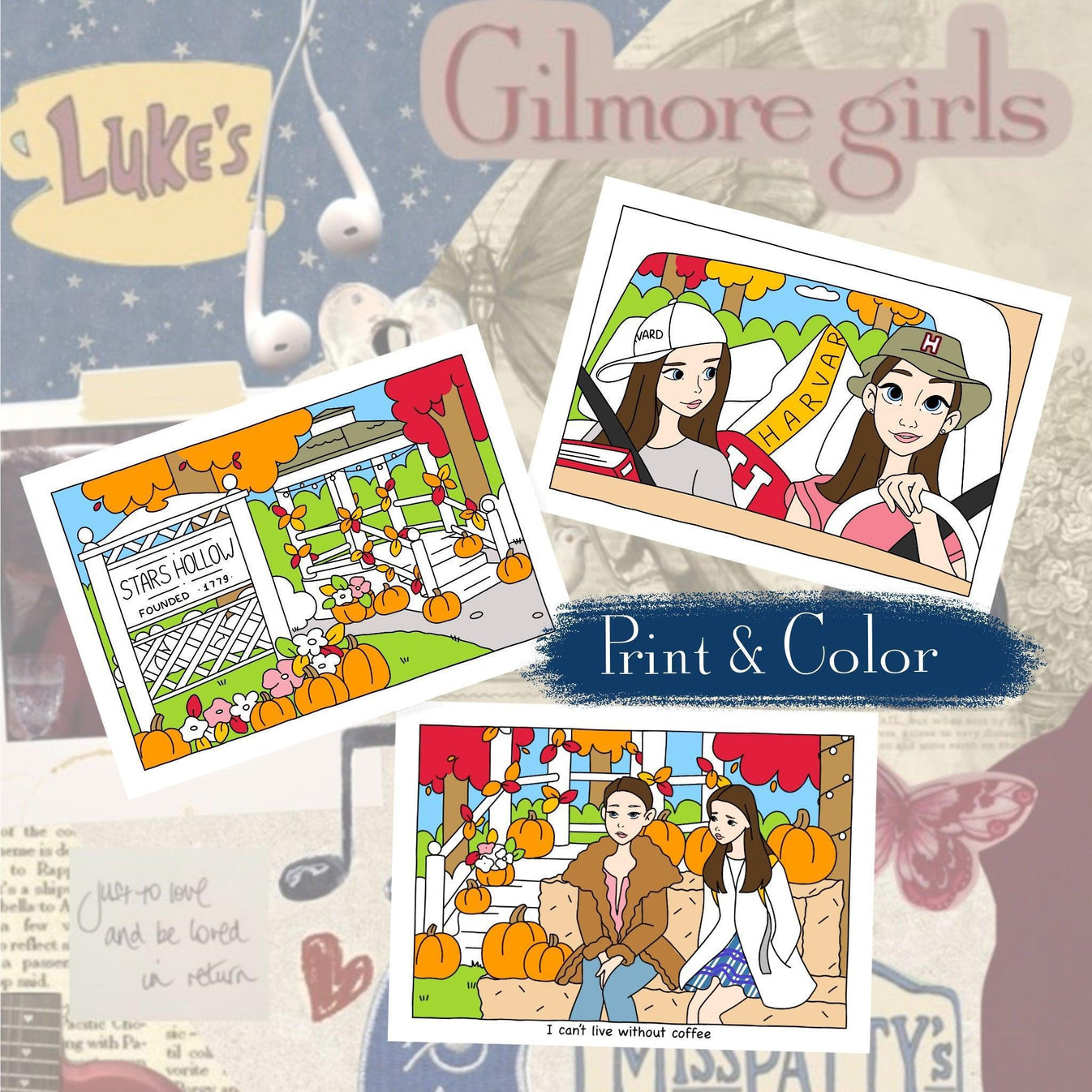 Digital download • Gilmore Girls autumn coloring pages (Set of 3) 🍂☕️📚 ...