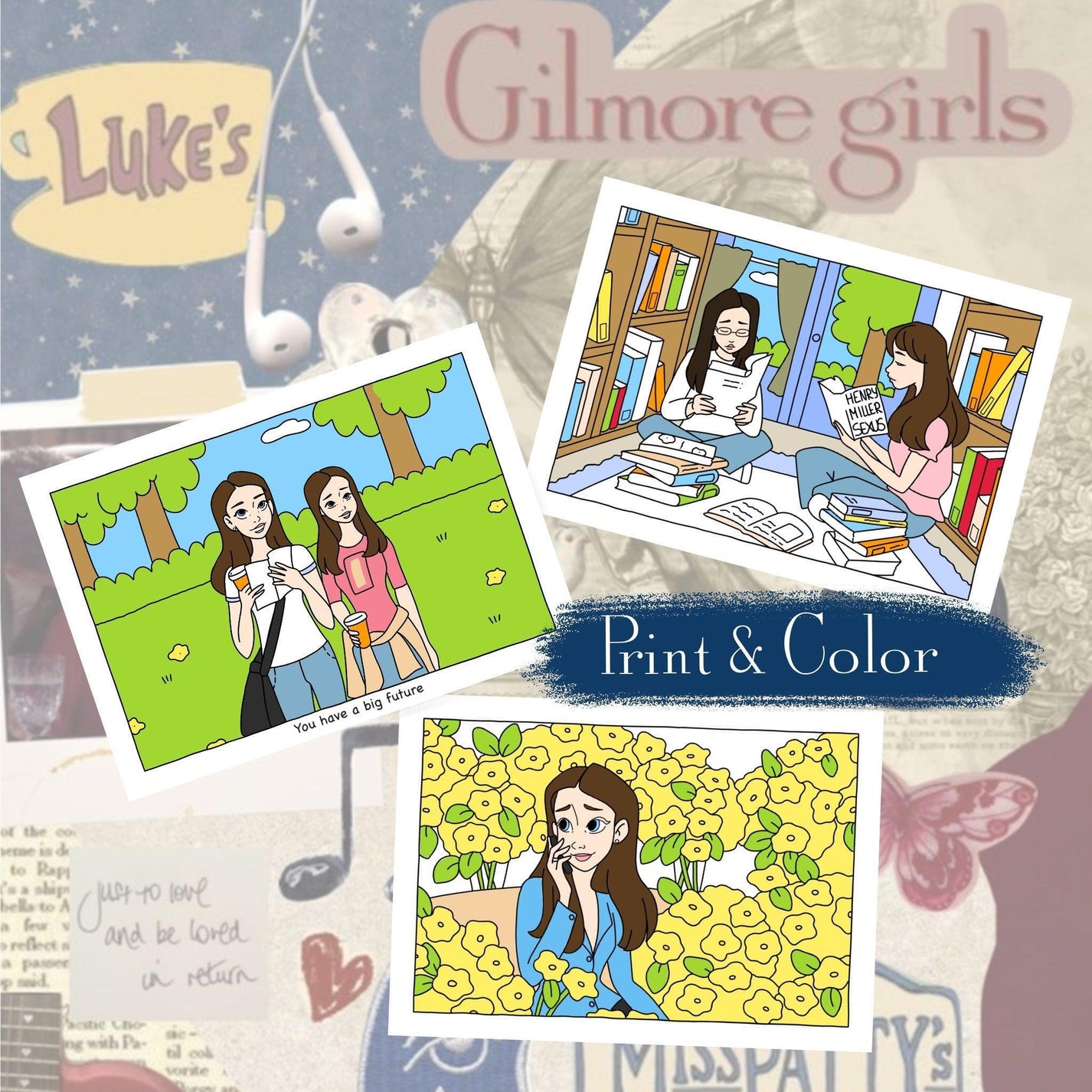 Digital download • Gilmore Girls spring coloring pages (Set of 3) 🌼☕️📚 ...